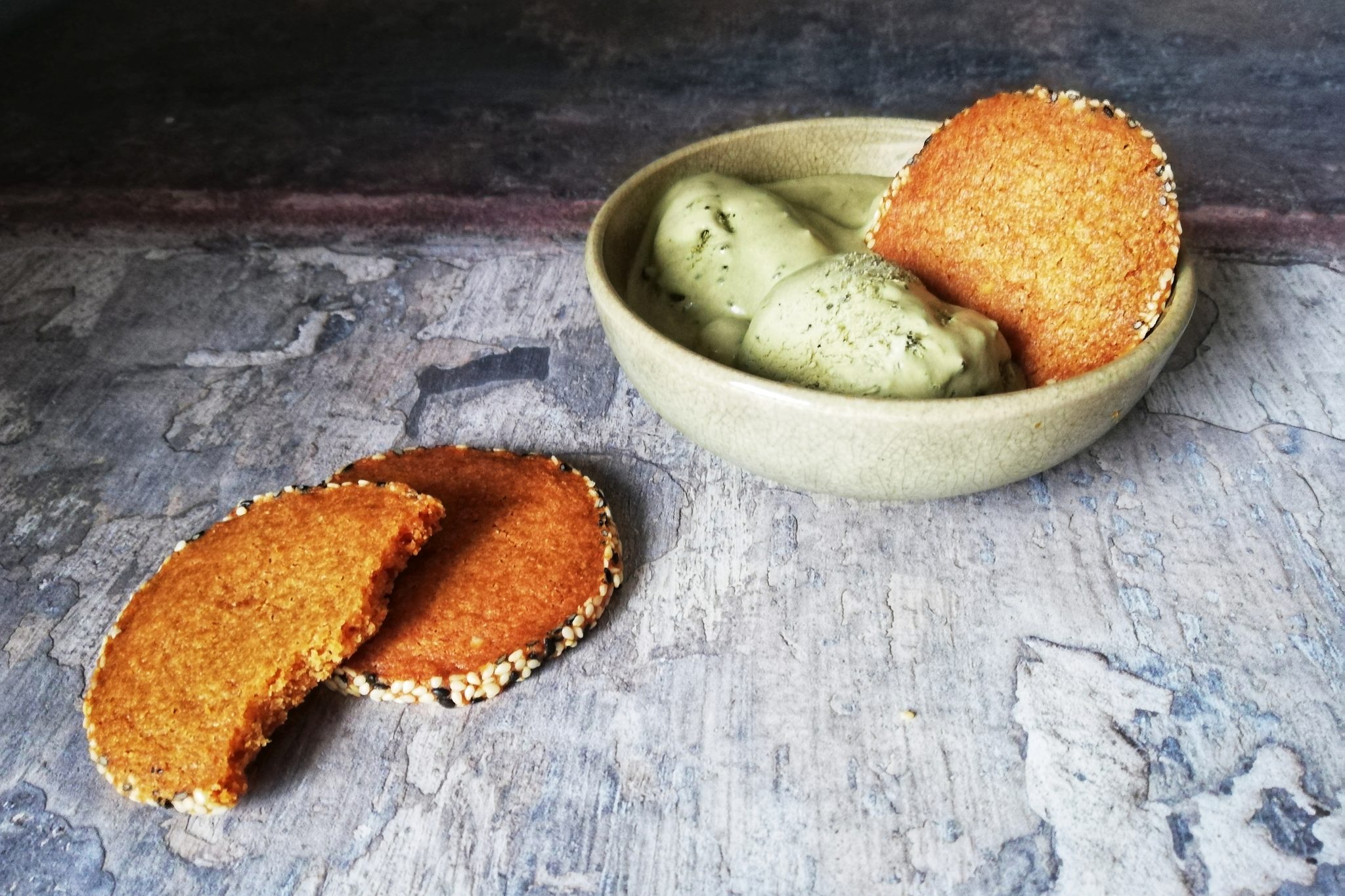 Matcha gelato with sesame biscuits | Susie's Kitchen